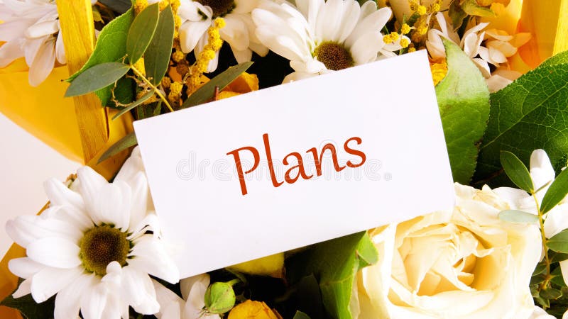 The Concept Word Plans on a White Card in a Basket of Flowers Stock ...