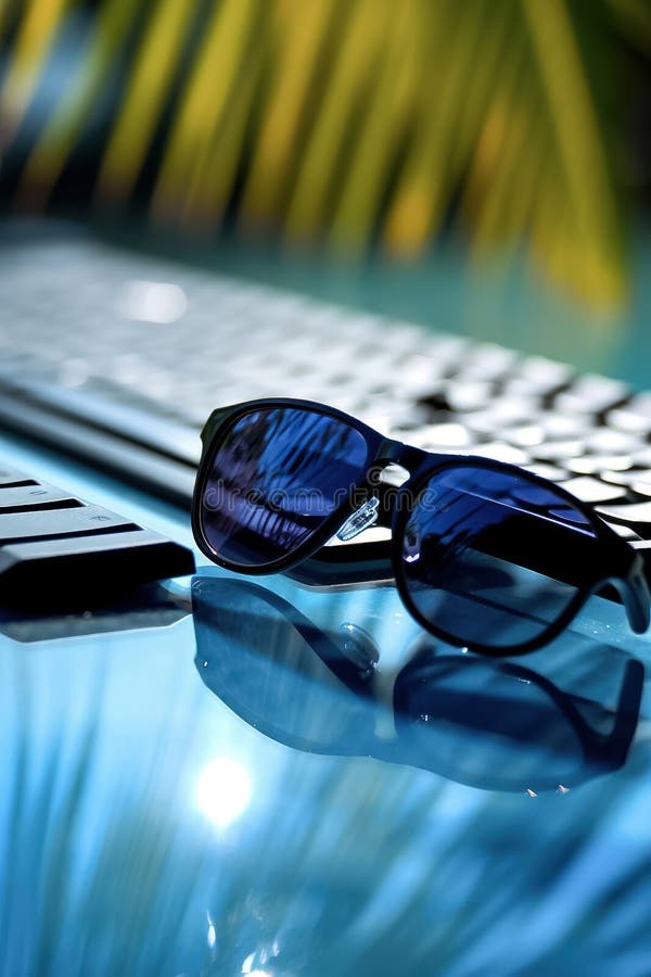 Concept of Work on Vacation. Computer Keyboard and Sunglasses ...