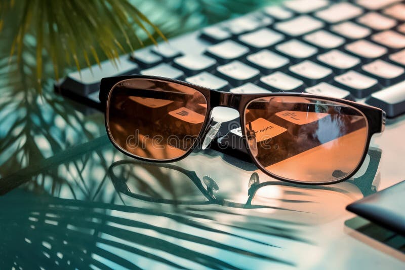 Concept of Work on Vacation. Computer Keyboard and Sunglasses ...