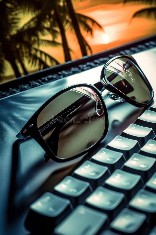 Concept of Work on Vacation. Computer Keyboard and Sunglasses ...