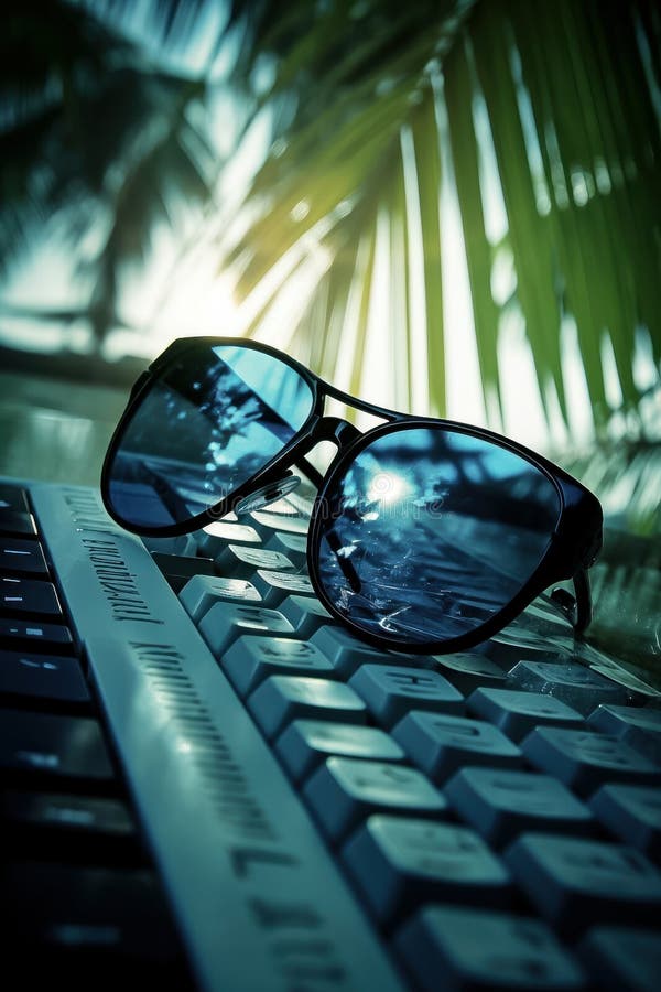 Concept of Work on Vacation. Computer Keyboard and Sunglasses ...
