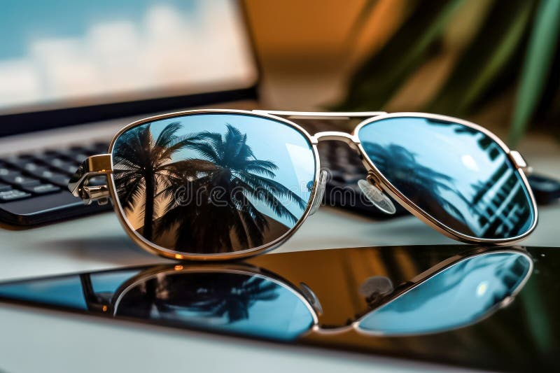 Concept of Work on Vacation. Computer Keyboard and Sunglasses ...
