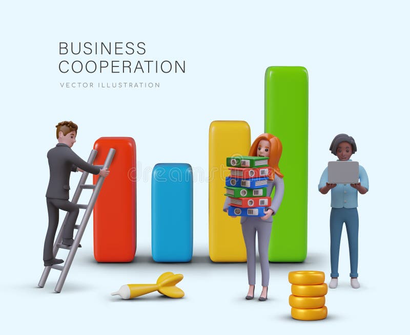 Concept of Working, Business Cooperation. Vector 3D Characters Work in ...