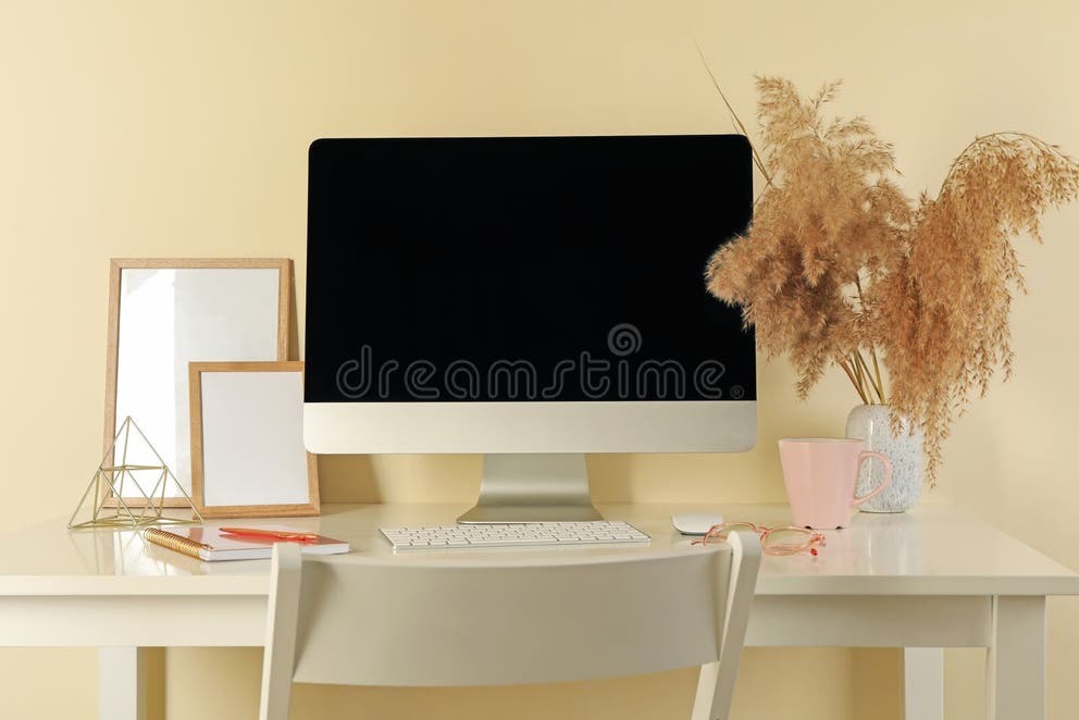 Concept of Workplace with Modern Desktop Computer on White Table Stock ...