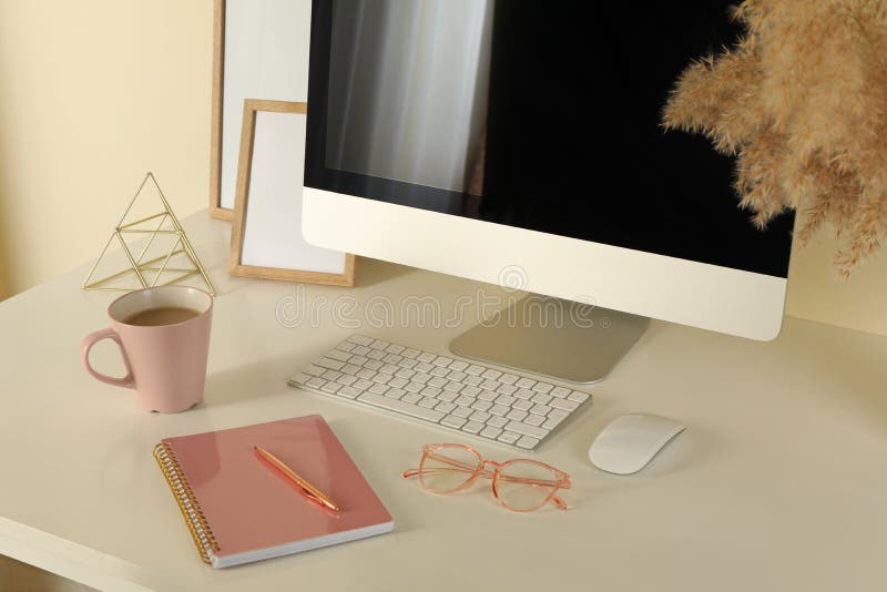 Concept of Workplace with Modern Desktop Computer on White Table ...