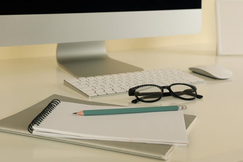Concept of Workplace with Modern Desktop Computer on White Table Stock ...