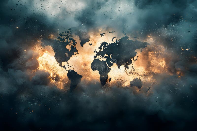 A Concept of World War with a World Map Covered with Smoke and Fire ...