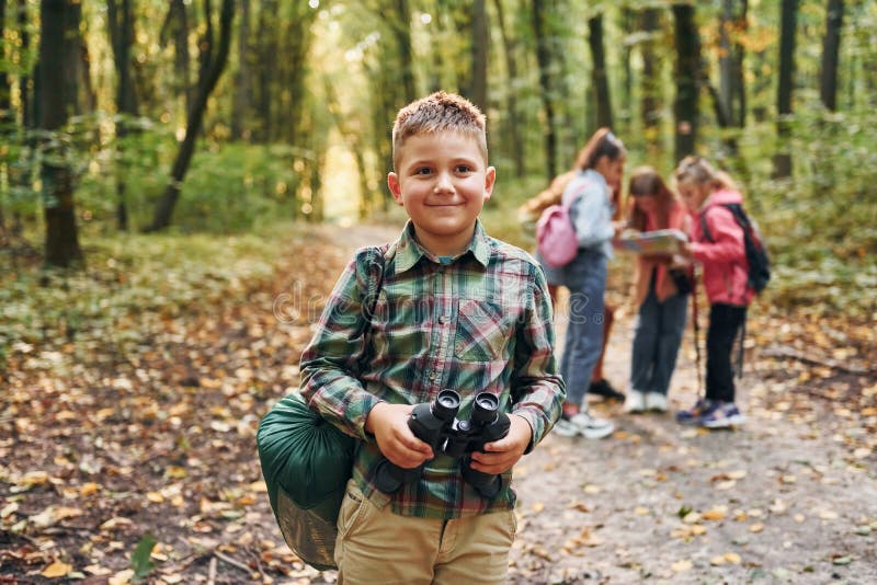 Conception of Hiking. Kids in Green Forest at Summer Daytime Together ...