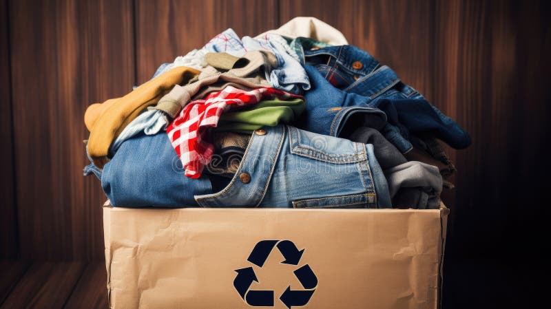 Concepto De Ropa Reciclable. Caja De Reciclaje Llena De Ropa Stock de ...