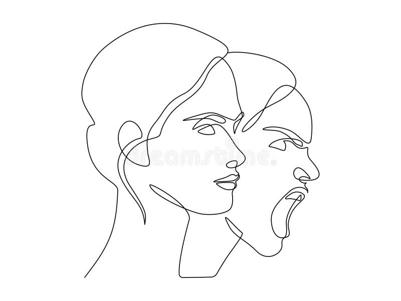 Calm and Angry Screaming Woman in Continuous One Line Drawing. Stress ...