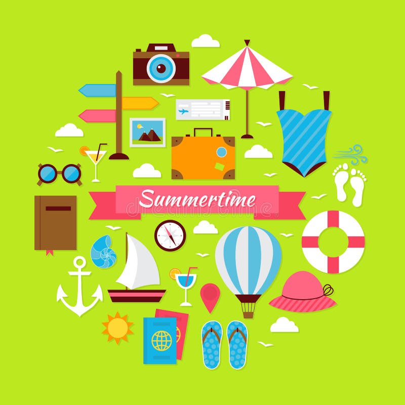 Concepto Plano Del Viaje Del Verano Del Estilo Ilustración Del Vector
