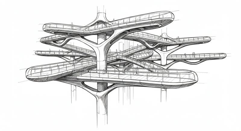 A Conceptual Architectural Design Featuring a Complex, Futuristic ...
