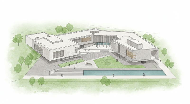 Architectural Sketch of a Modern Building Under Construction, with ...