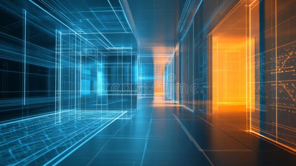 Conceptual Architectural Wireframe Warm and Cool Lighting in a Modern Interior Corridor Design ...