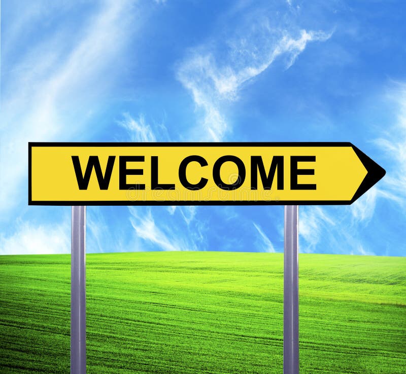 Conceptual Arrow Sign Against Beautiful Landscape with Text - WELCOME ...
