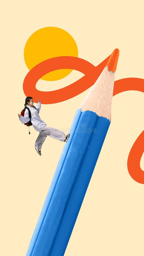Conceptual Art Collage. Child Climbing Giant Blue Pencil with Orange ...