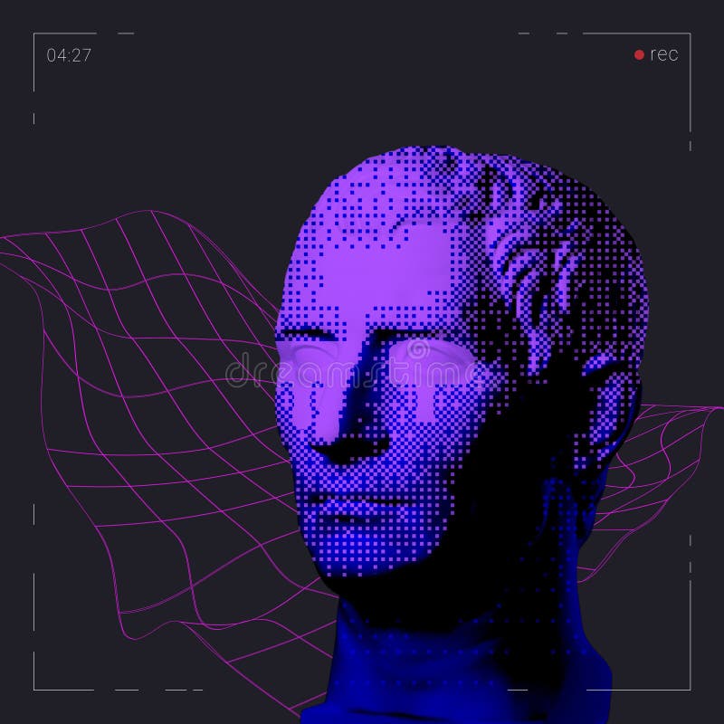 Conceptual Art Collage. Pixelated Purple Bust with Virtual Grid and ...