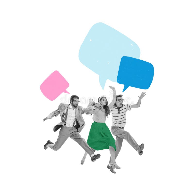 Conceptual Art Collage. Workers Jumping Energetically, Surrounded by ...