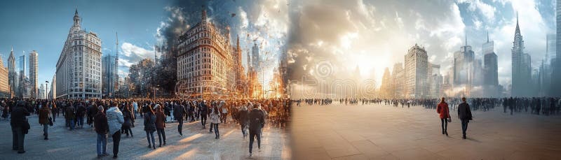Conceptual Art of a Crowded Urban Scene Merging with a Deserted, Empty ...