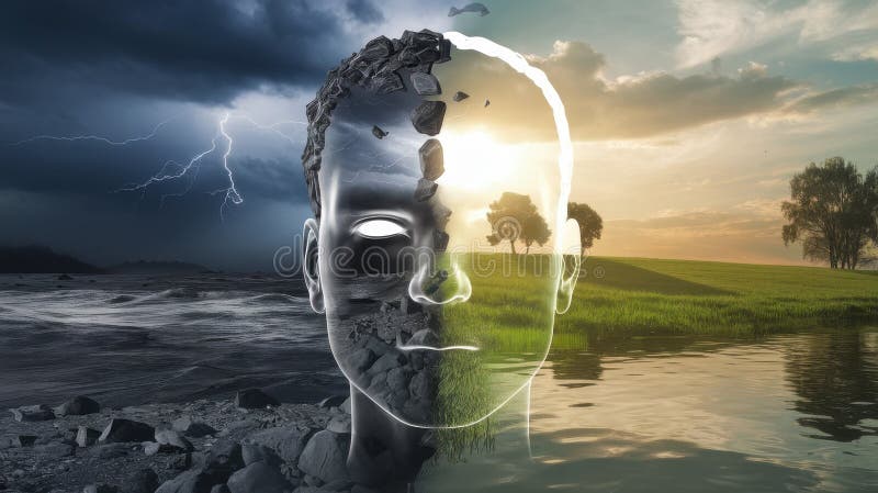 Conceptual Art Depicting a Split Human Face Representing Duality ...