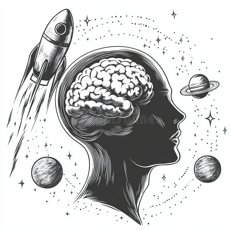 Conceptual Art Featuring a Brain with a Rocket Emerging from it ...