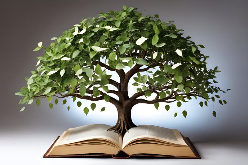 Conceptual Art of a Tree with Book Leaves Sprouting from an Open Book ...