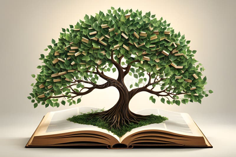Conceptual Art of a Tree with Book Leaves Sprouting from an Open Book ...