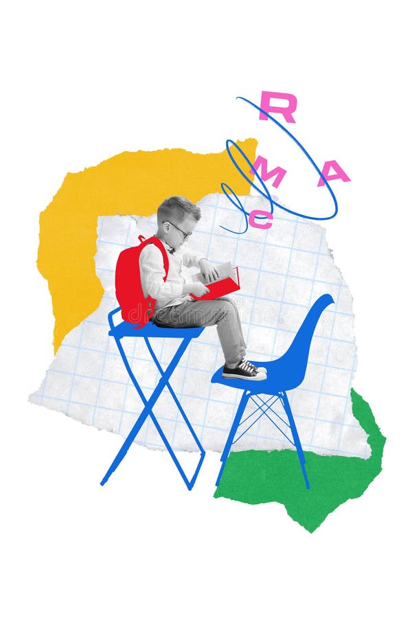 Conceptual Artwork. Boy Reading Book on Tall Blue Chair with Letters ...
