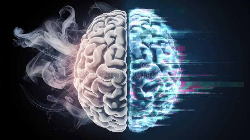 Conceptual Artwork of a Brain Split into Organic and Digital Halves ...