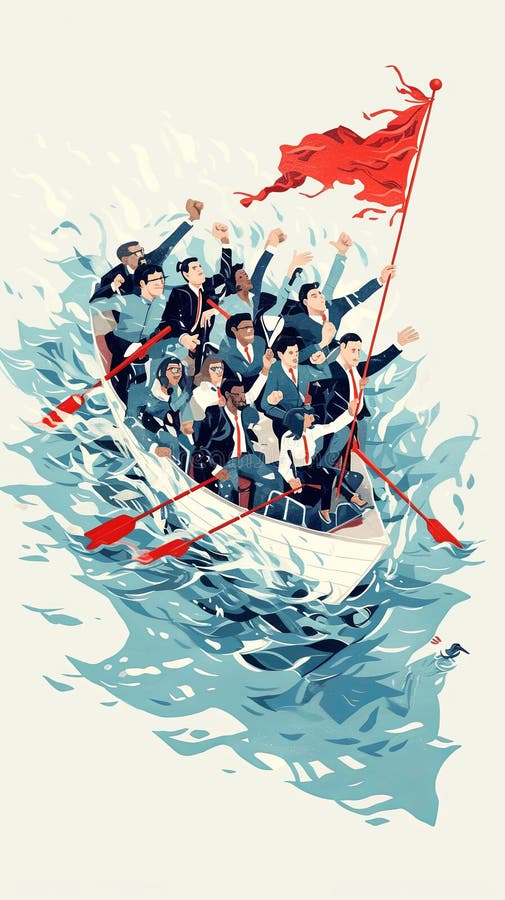 Illustration of Team in Boat Holding Red Flag Amid Stormy Waters Stock ...