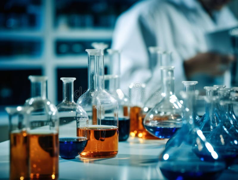 Chemical Flasks with Reagents. Laboratory Glassware Whith Color Liquid ...