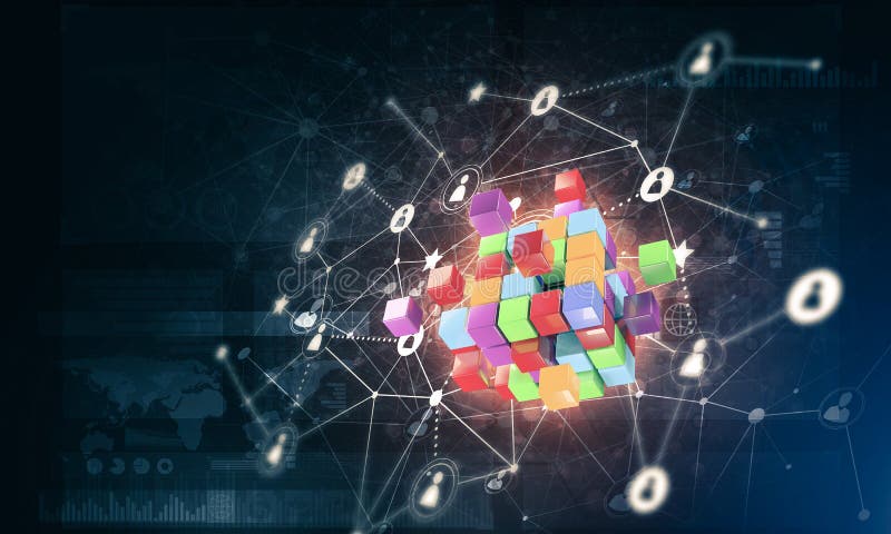 Concept of Internet and Networking with Digital Cube Figure on Dark ...