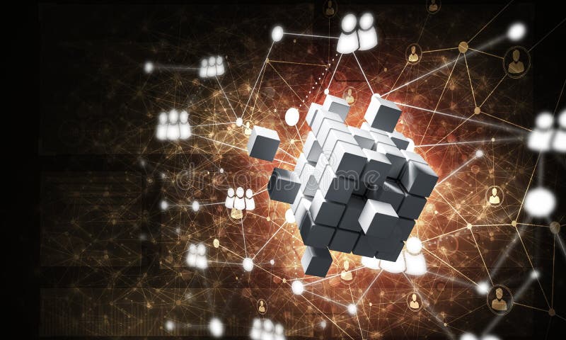 Concept of Internet and Networking with Digital Cube Figure on Dark ...