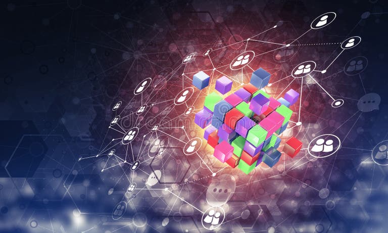 Concept of Internet and Networking with Digital Cube Figure on Dark Background Stock ...