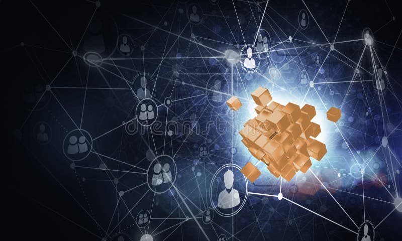 Concept of Internet and Networking with Digital Cube Figure on Dark ...