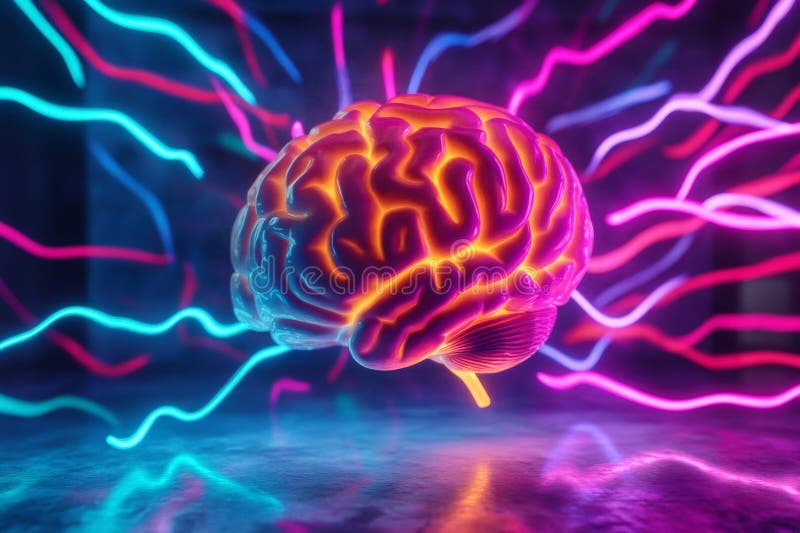 A Conceptual Background with a Large, Glowing Brain Surrounded by Neon ...
