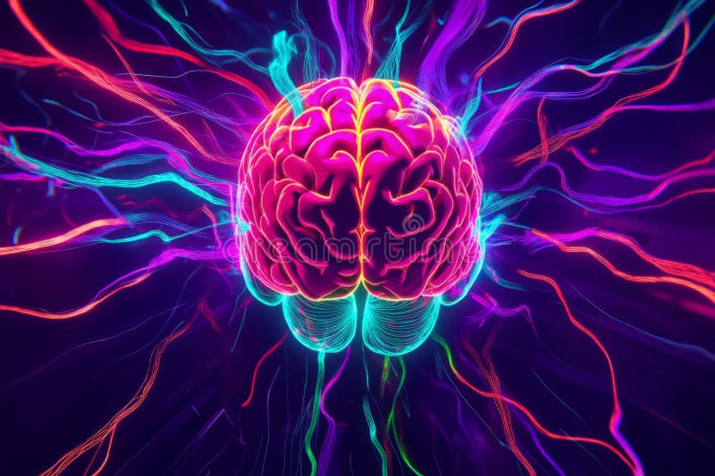 A Conceptual Background with a Large, Glowing Brain Surrounded by Neon ...