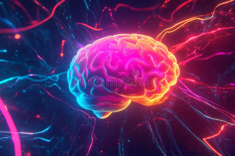 A Conceptual Background with a Large, Glowing Brain Surrounded by Neon ...