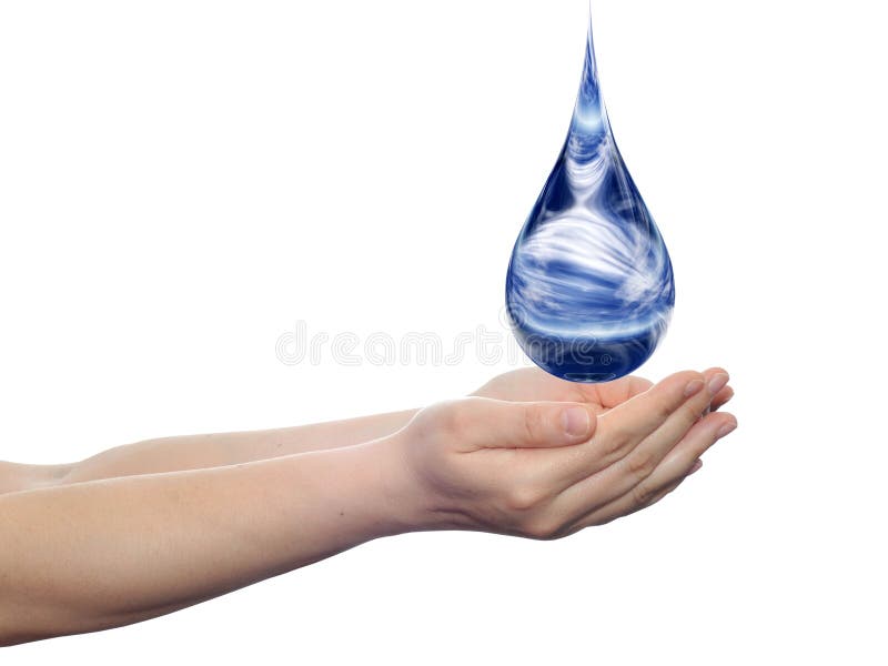 Conceptual Blue Water Drop Falling in Hands Isolated Stock Photo ...