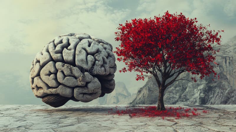 Conceptual Brain and Red Tree Against a Desolate Landscape Stock Image ...