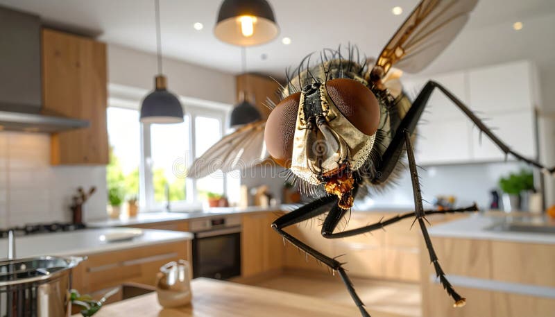 Conceptual Close-up of a Housefly Inside a Kitchen Used To Visualize Hygiene Concerns, Pest ...