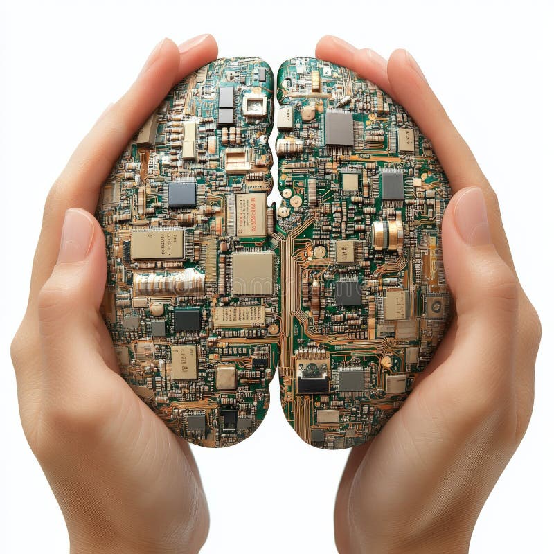 Conceptual Close Up of Human Hands Holding Two Brain Like Circuit ...