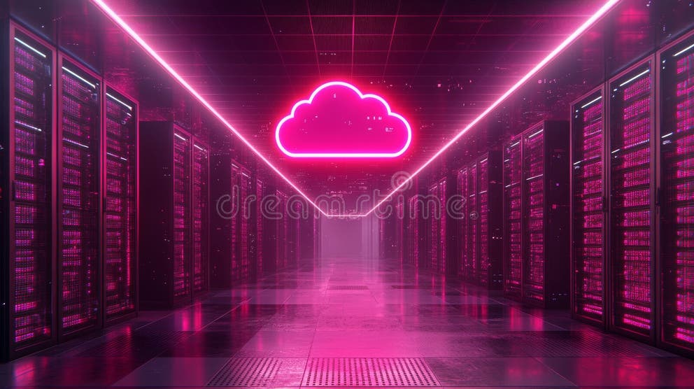 A Conceptual Cloud Floats Above a Server Rack, with Binary Code and ...