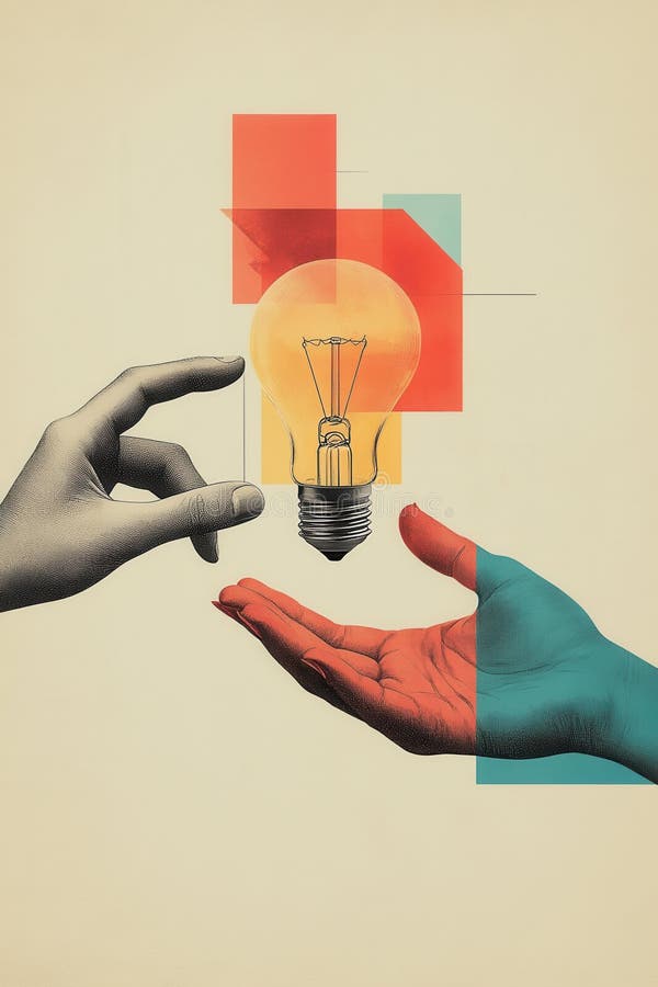Conceptual Collage of Hands Sharing a Light Bulb Symbolizing Innovation ...