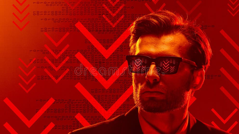 Conceptual Collage. Man in Red Tones with Binary Code and Down Arrows ...