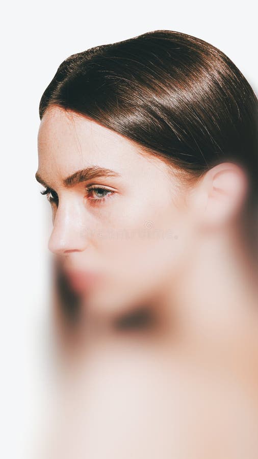 Conceptual Collage. Sharp Close-up of Woman& X27;s Side Profile with ...