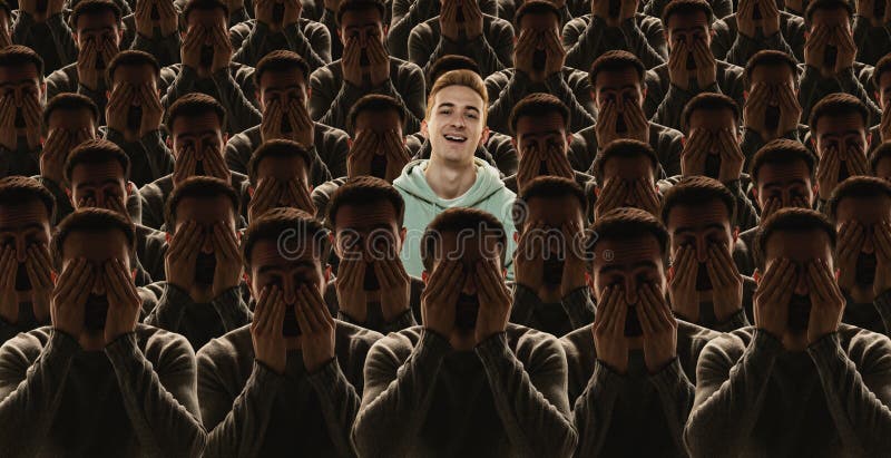Conceptual Creative Collage with Grey Crowd of Identical People and ...