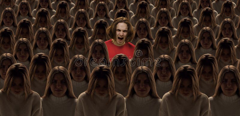 Conceptual Creative Collage with Grey Crowd of Identical People and ...