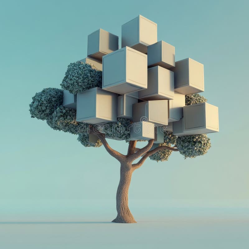 Conceptual 3D Illustration of a Tree with Boxes and Arrows on Blue ...