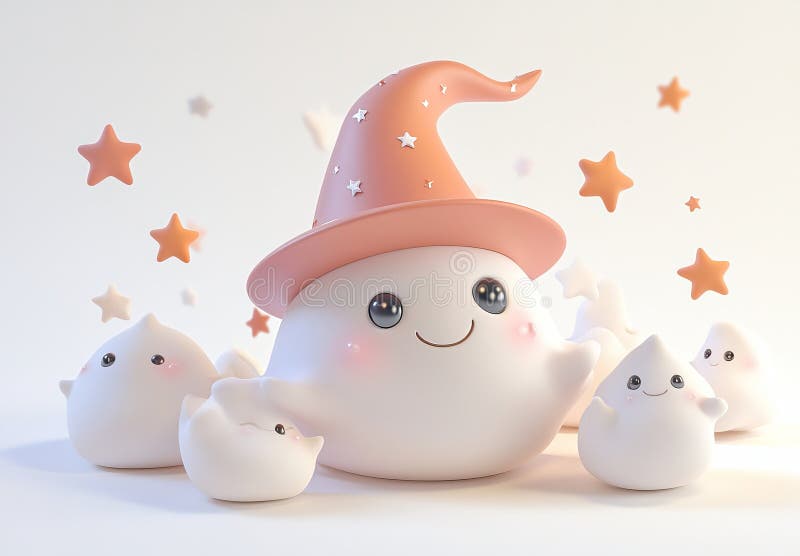 Conceptual 3D Render of Halloween Party Elements Decorated with a Cute Kitty Ghost on a Pastel ...